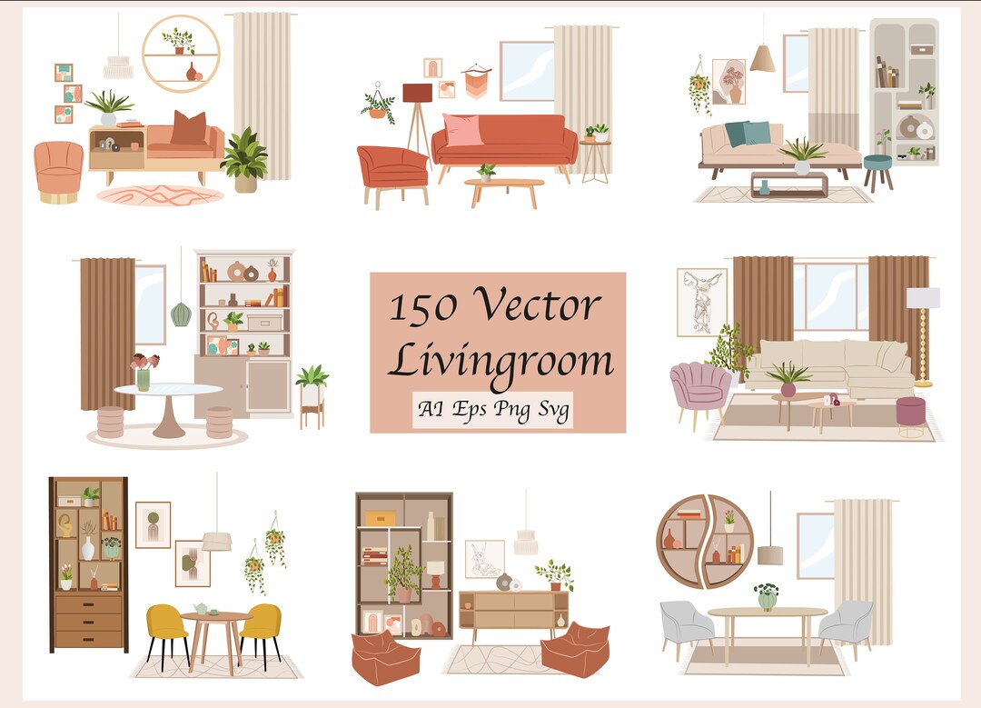 Flat Vector Illustrations - 150 Living Room Furniture Clipart Set (11 ...