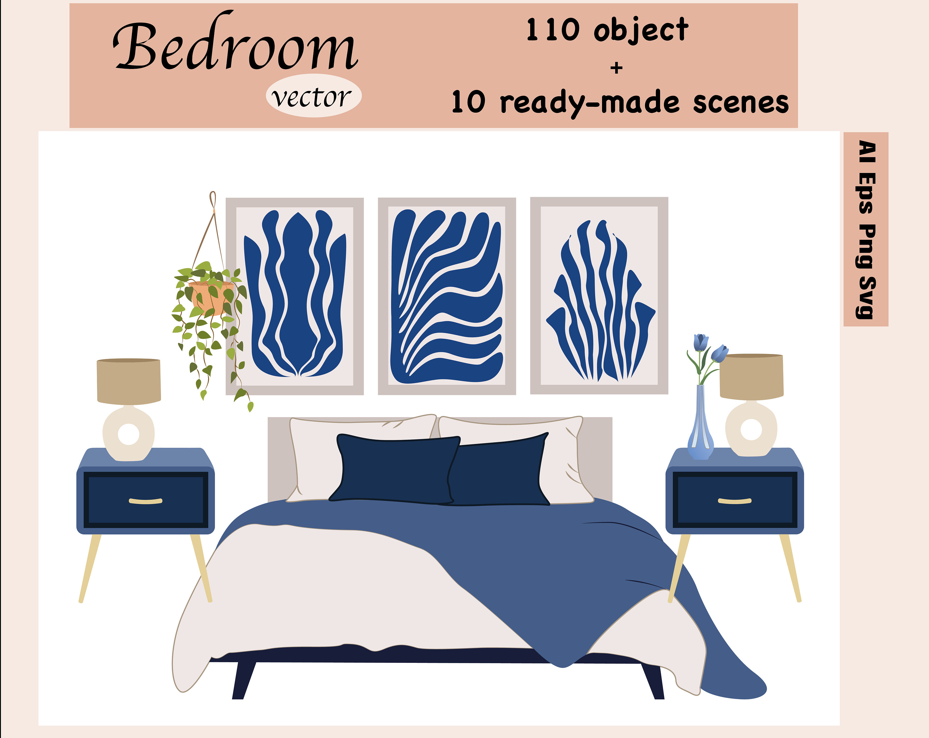 Flat Vector Illustration - Bedroom Furniture Clipart Set (110 Items ...