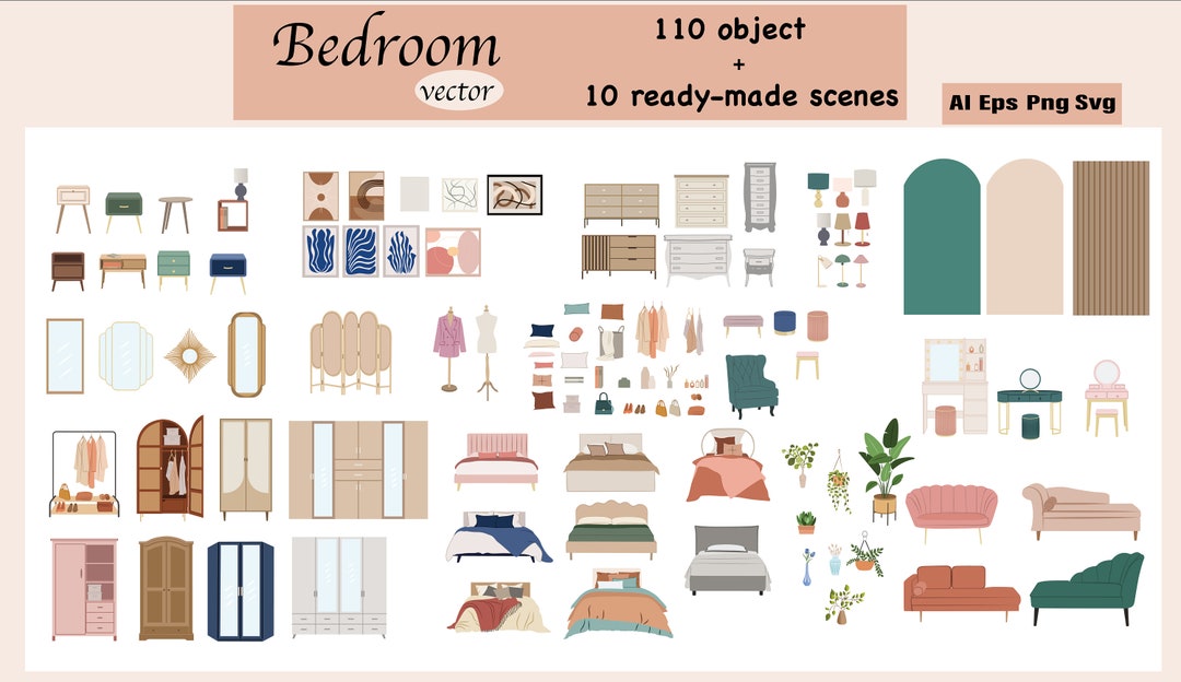 Flat Vector Illustration Bedroom Furniture Clipart Set 110 Items 10 ...