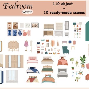 Flat Vector Illustration - Bedroom Furniture Clipart Set (110 Items ...
