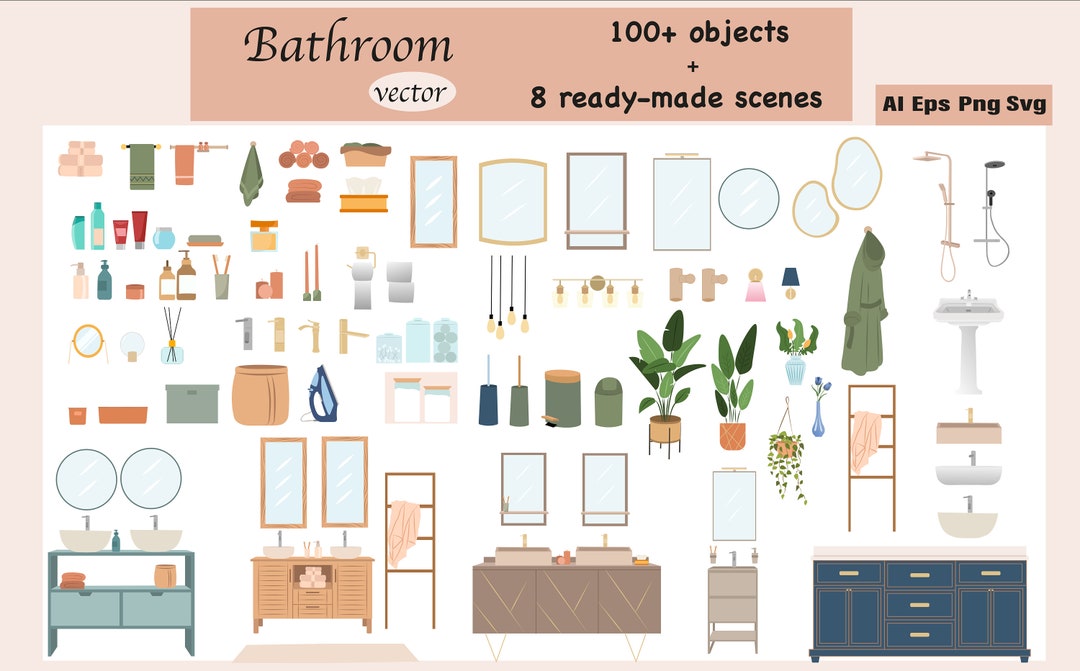 Bathroom Furniture Clipart Set - 100 Vector Items, 8 Scenes (digital ...