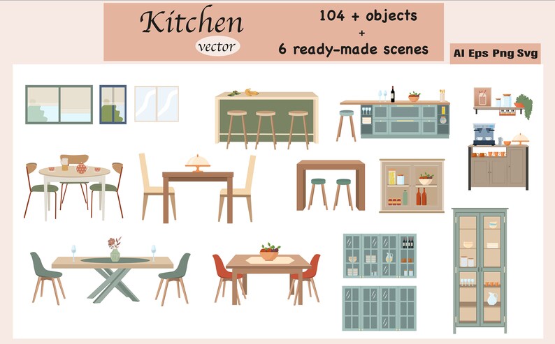 Flat Vector Kitchen Illustration 104 Forniture Interior Decor Clipart ...