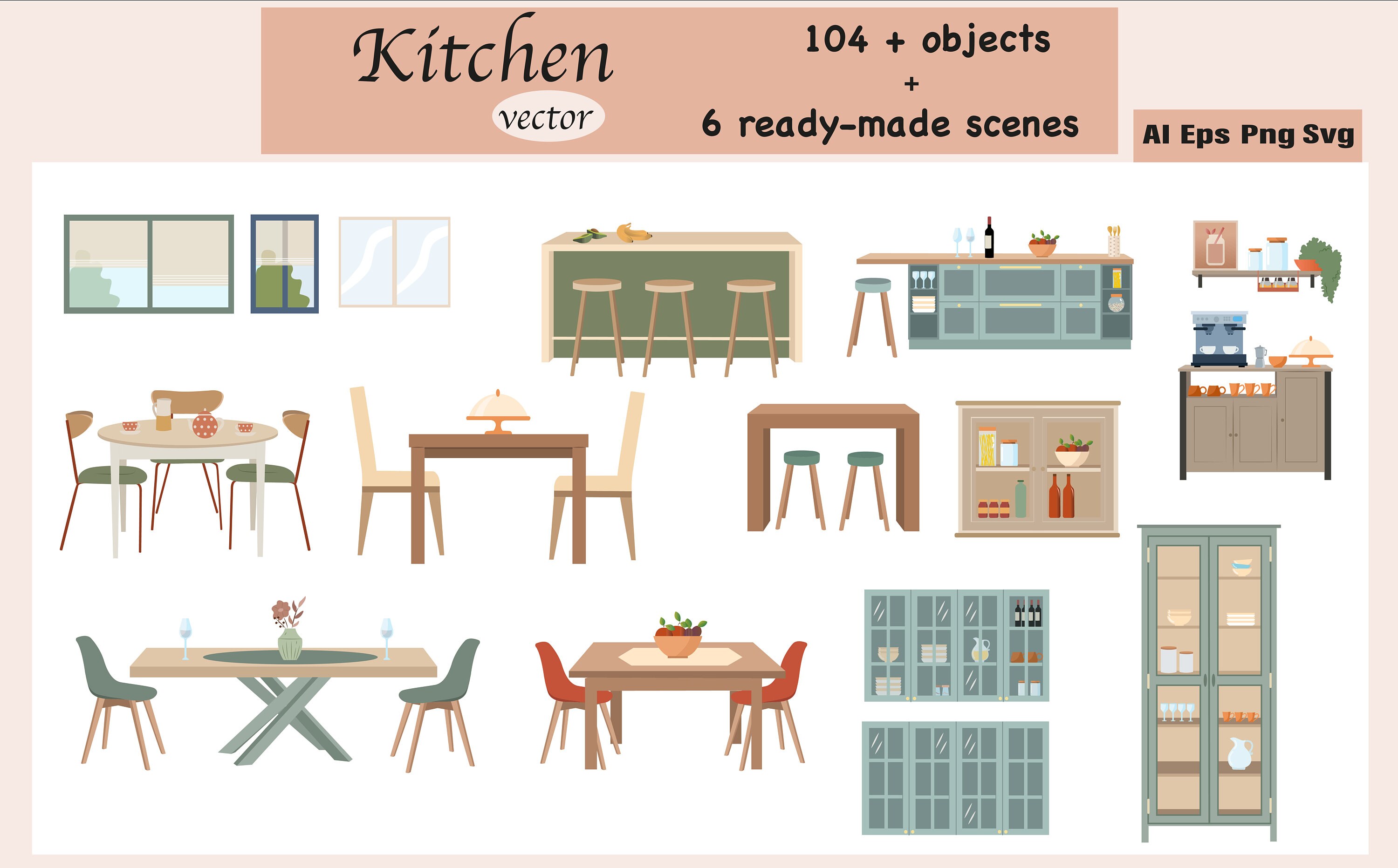 Flat Vector Kitchen Illustration - 104 Forniture Interior Decor Clipart Set - 6 Scenes- Cooking ...