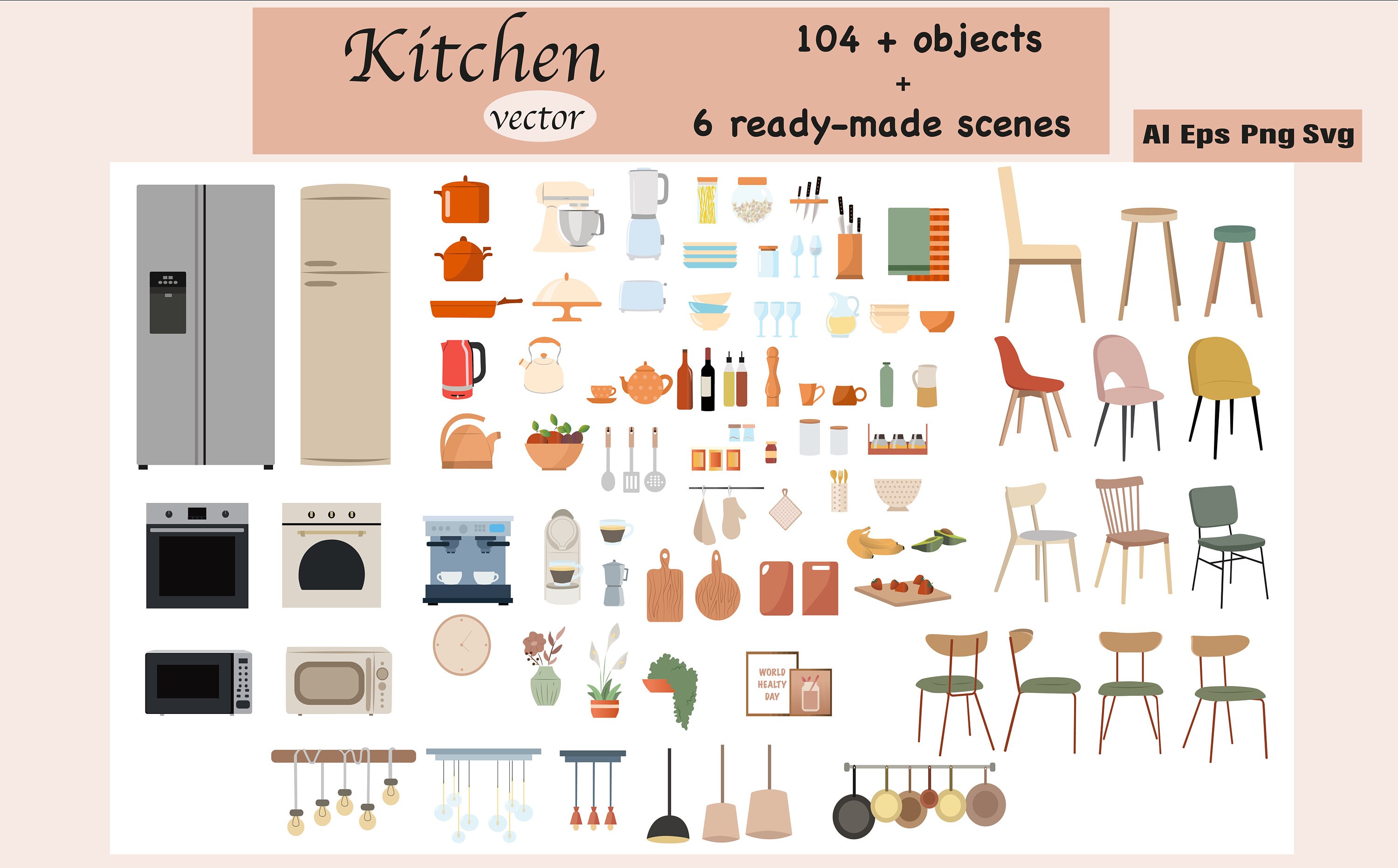 Flat Vector Kitchen Illustration - 104 Forniture Interior Decor Clipart Set - 6 Scenes- Cooking ...