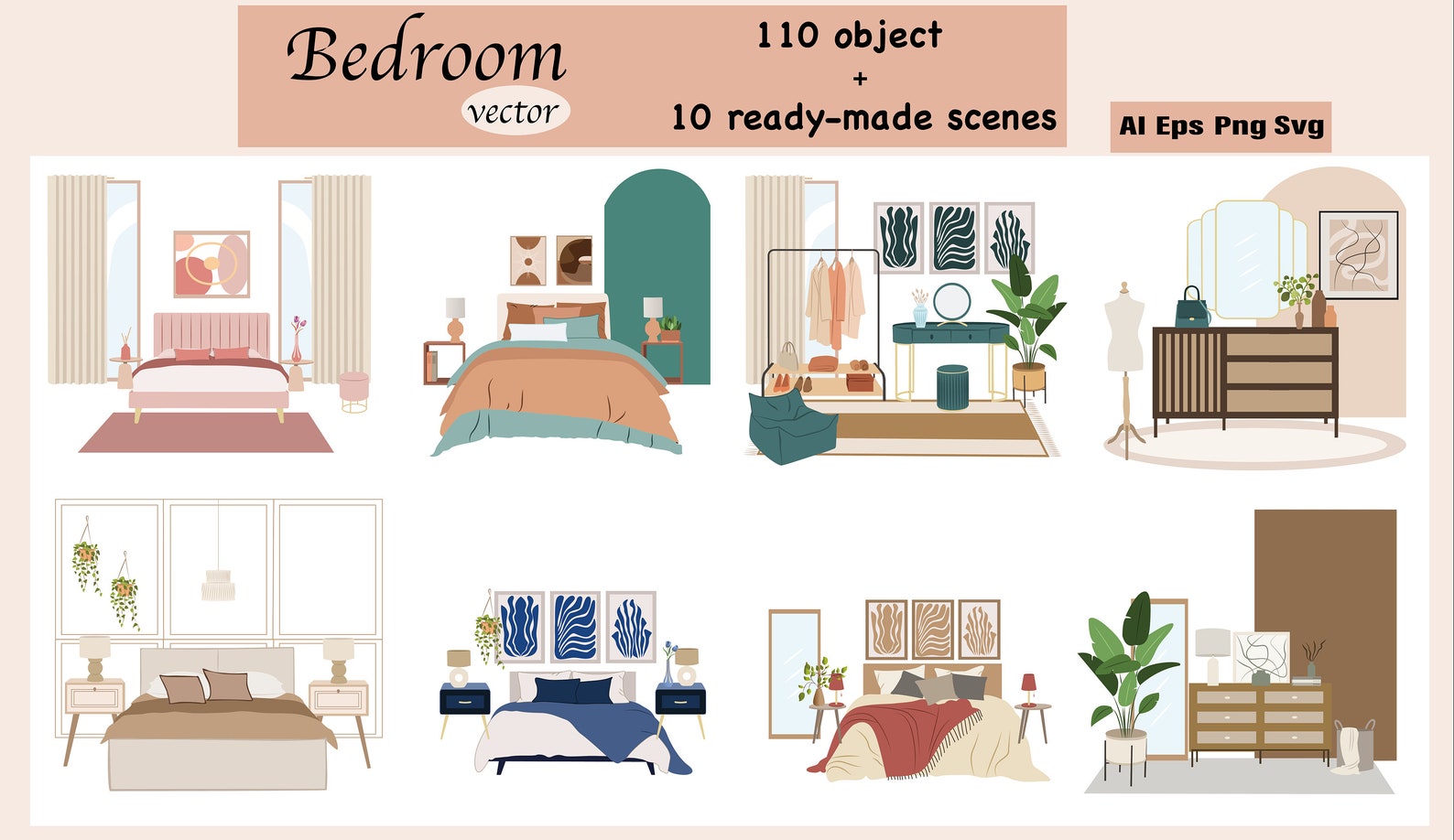 Flat Vector Illustration - Bedroom Furniture Clipart Set (110 Items ...