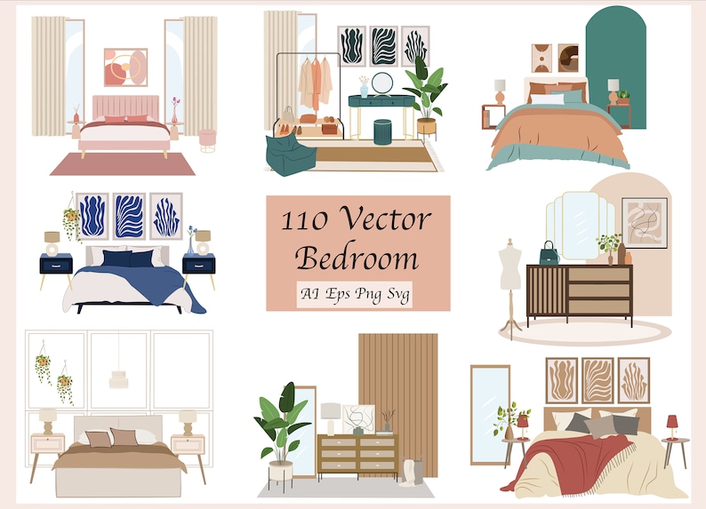 Flat Vector Illustration - Bedroom Furniture Clipart Set (110 Items ...