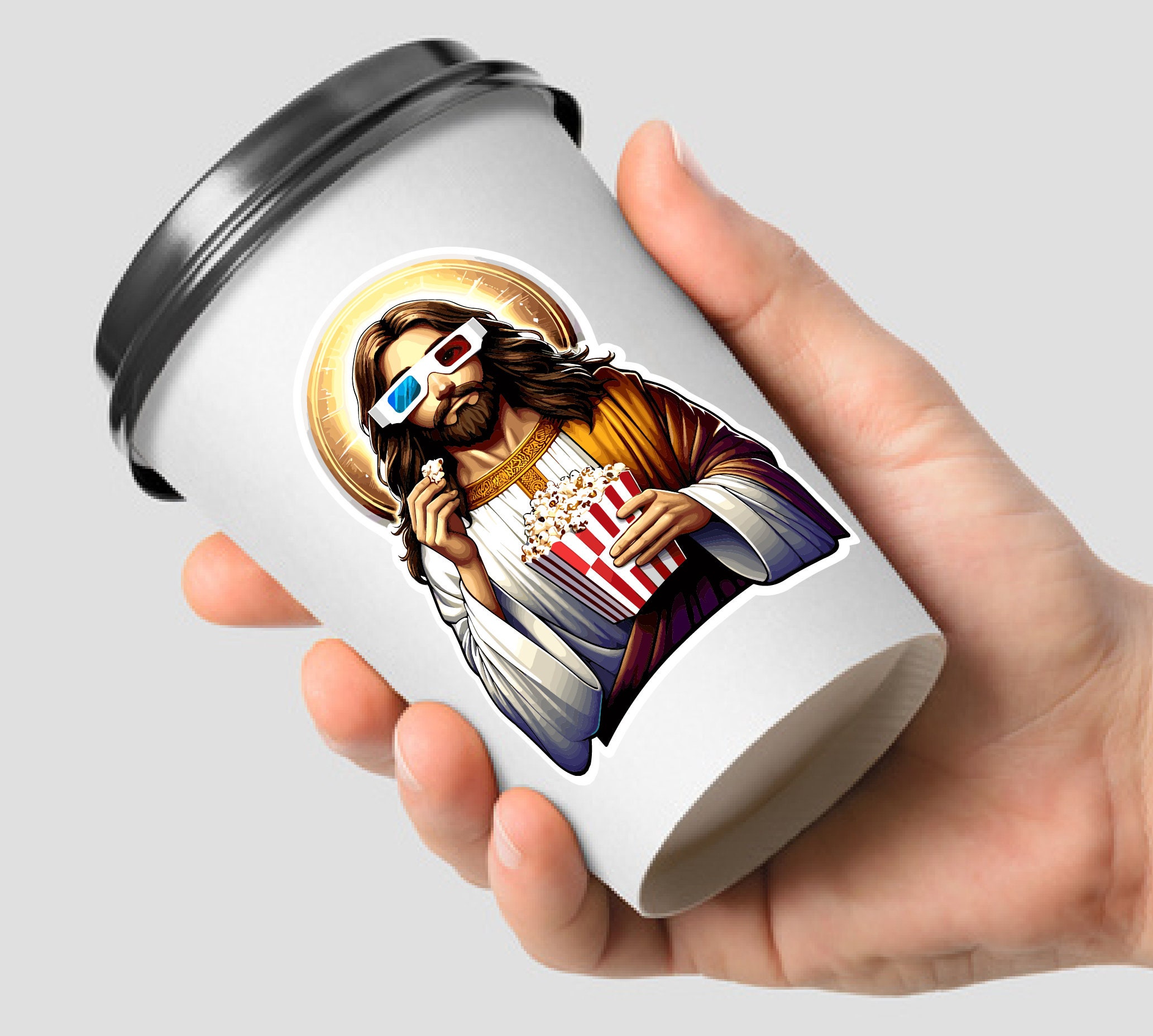 Jesus Eating Popcorn Sticker - Vinyl Graphics, Custom Sticker, Laptop ...