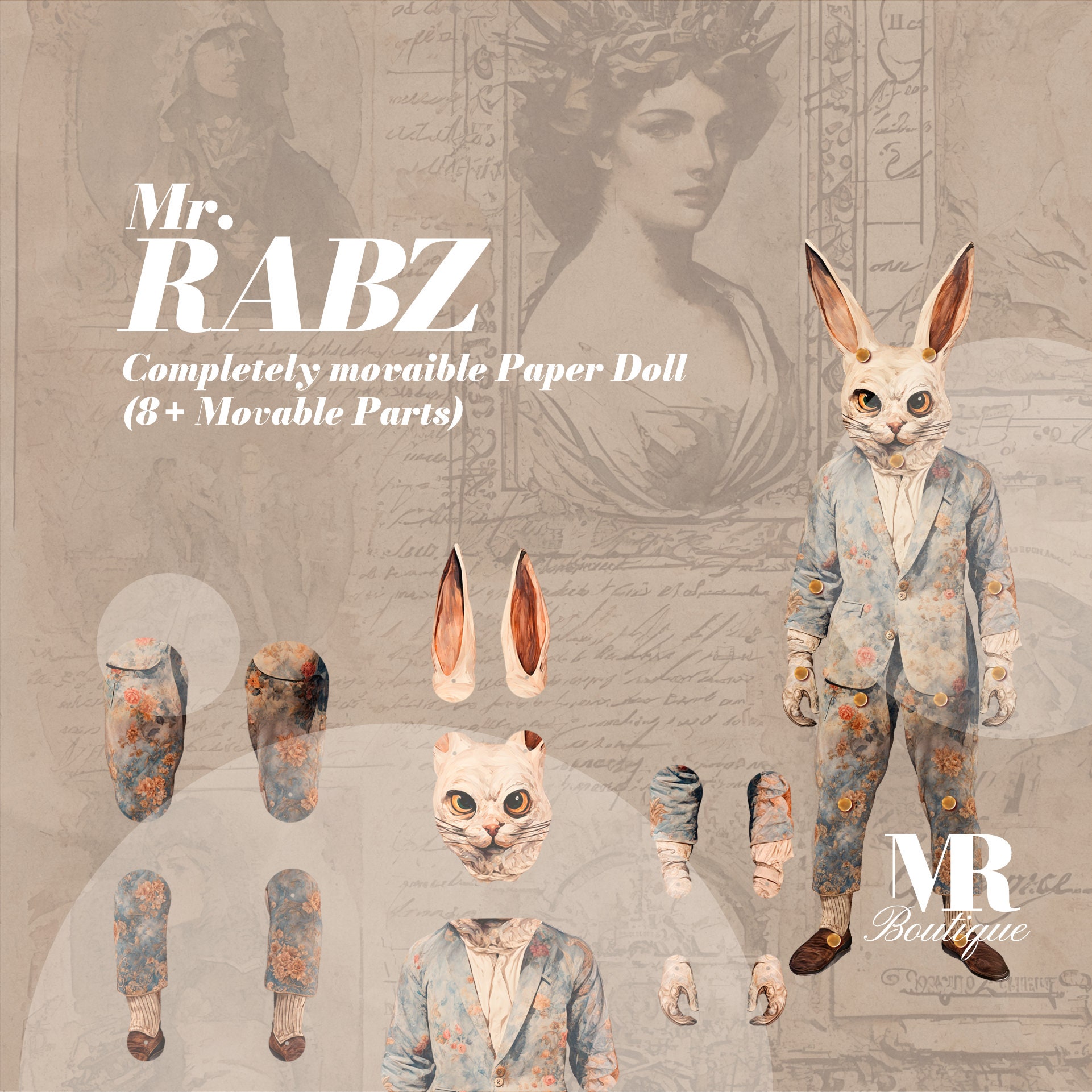 Mr. RABZ Dapper Rabbit Movable Paper Doll Vintage-style DIY Craft Paper ...