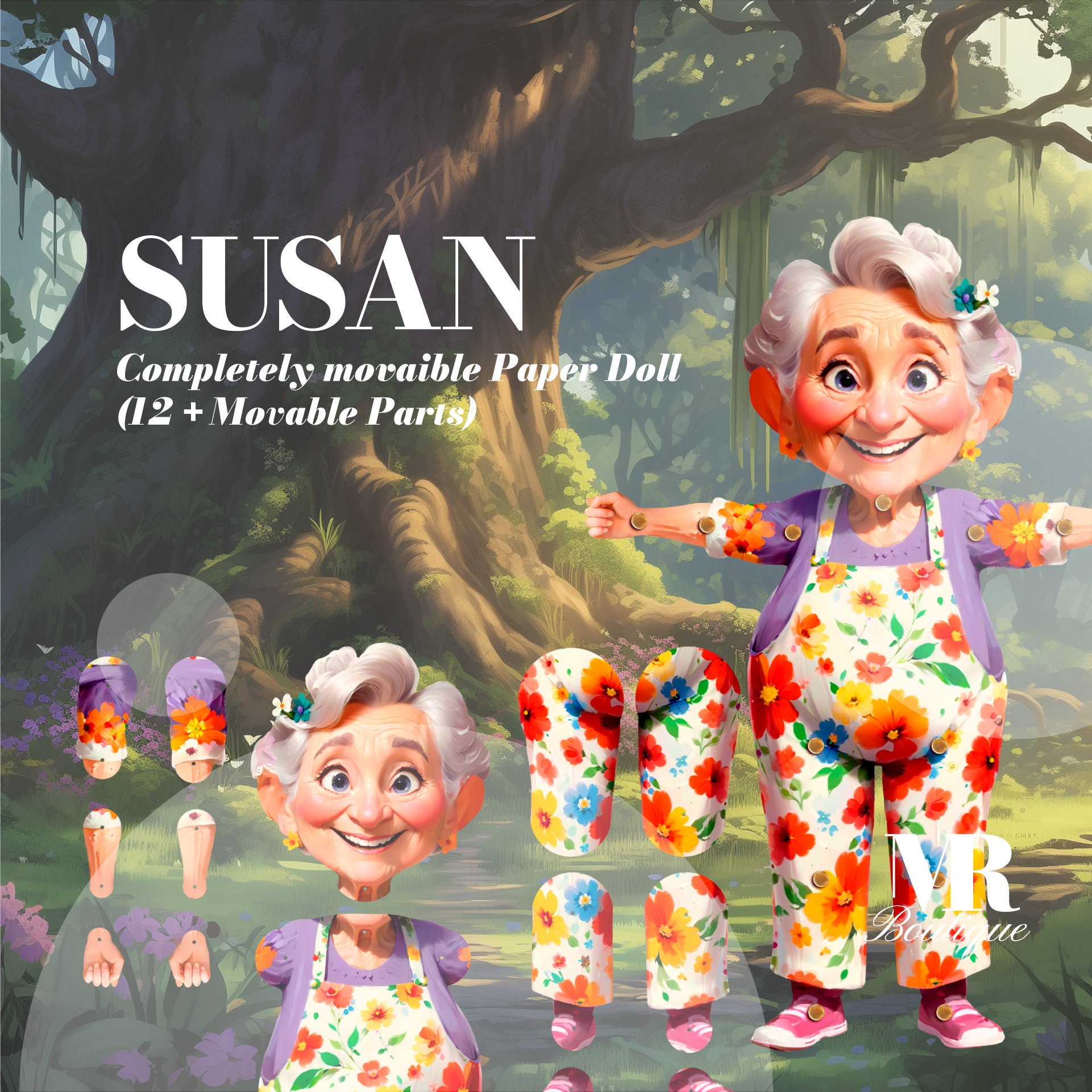Susan Floral Movable Paper Doll, Articulated Grandma Figure, DIY Craft ...