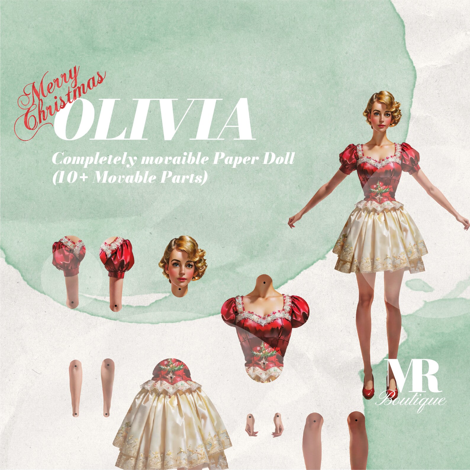 Movable Vintage Paper Doll OLIVIA DIY Printable Doll PDF Christmas Doll ...