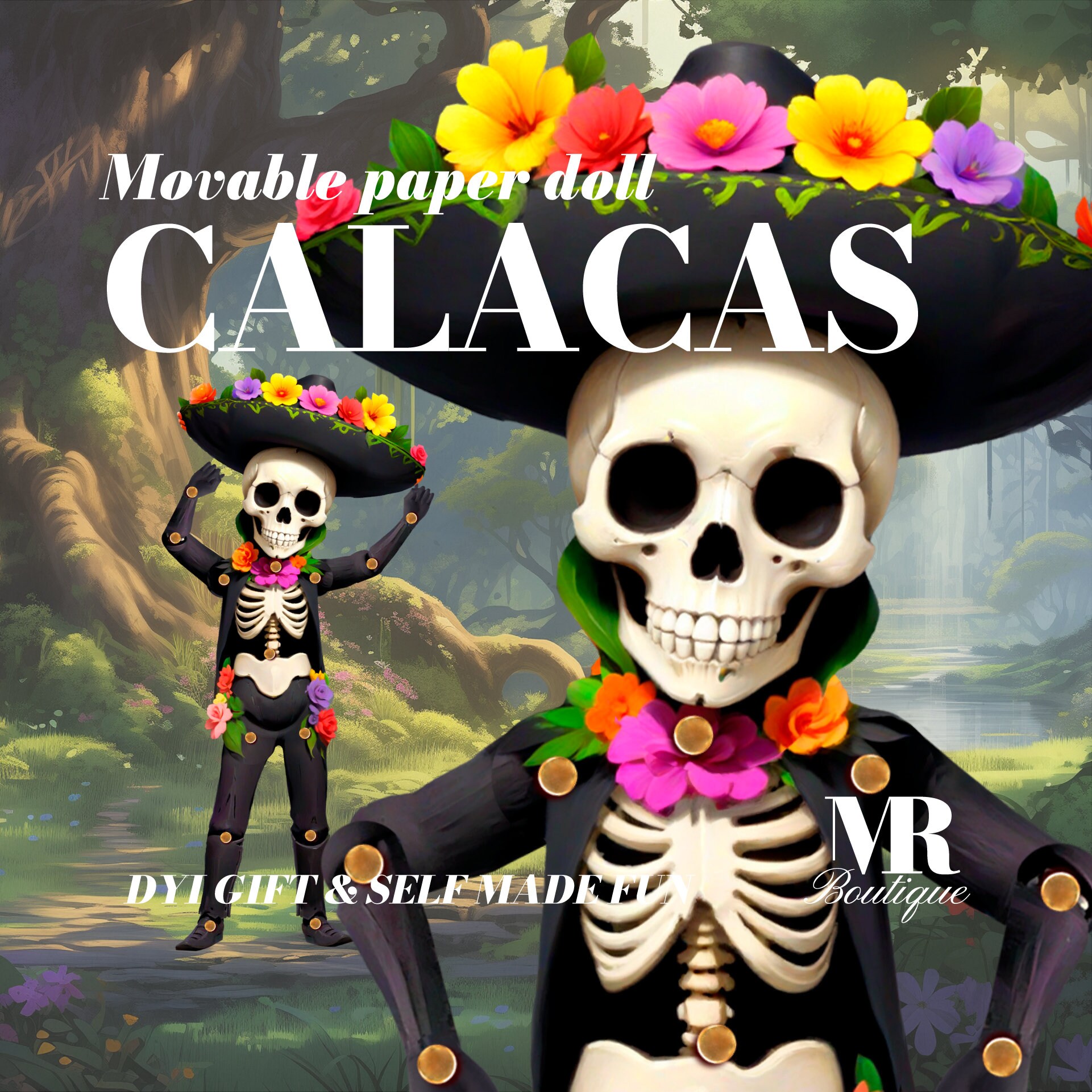CALACAS Movable Skeleton Paper Doll, DIY Dia De Los Muertos Figure ...