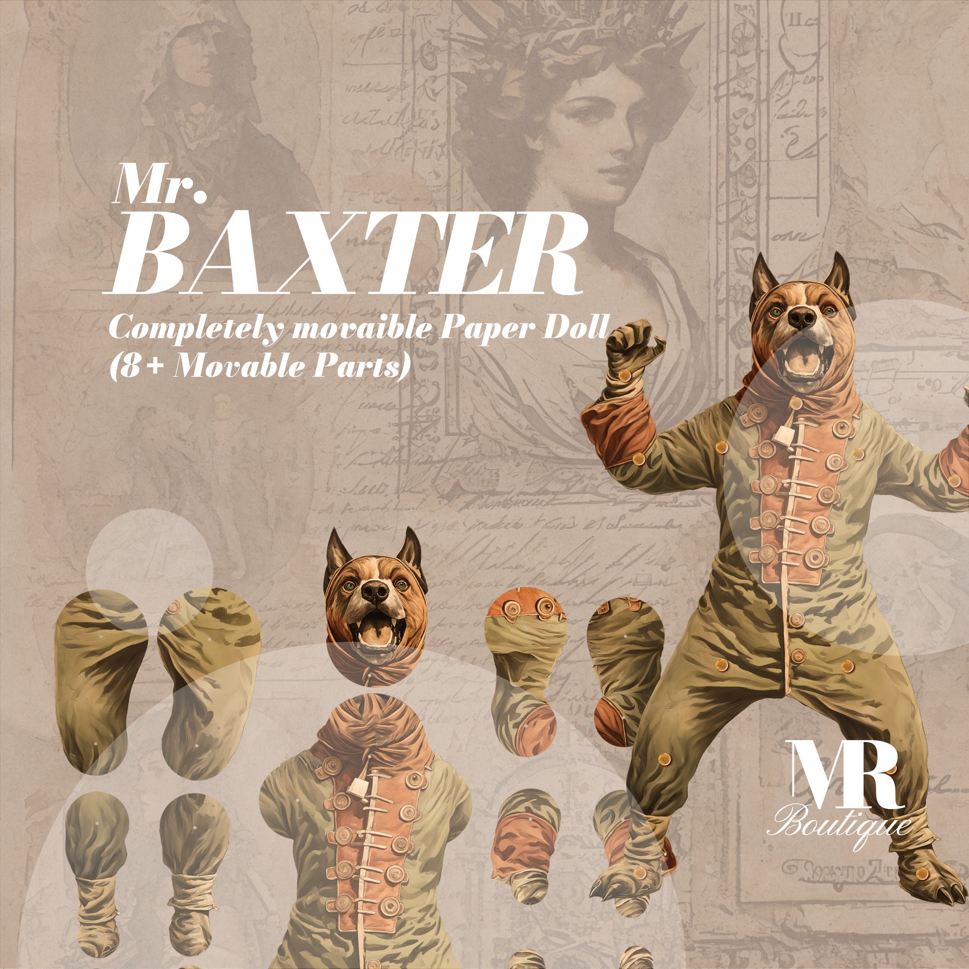 Vintage Military Dog Paper Doll: Mr. Baxter Articulated Model (digital ...