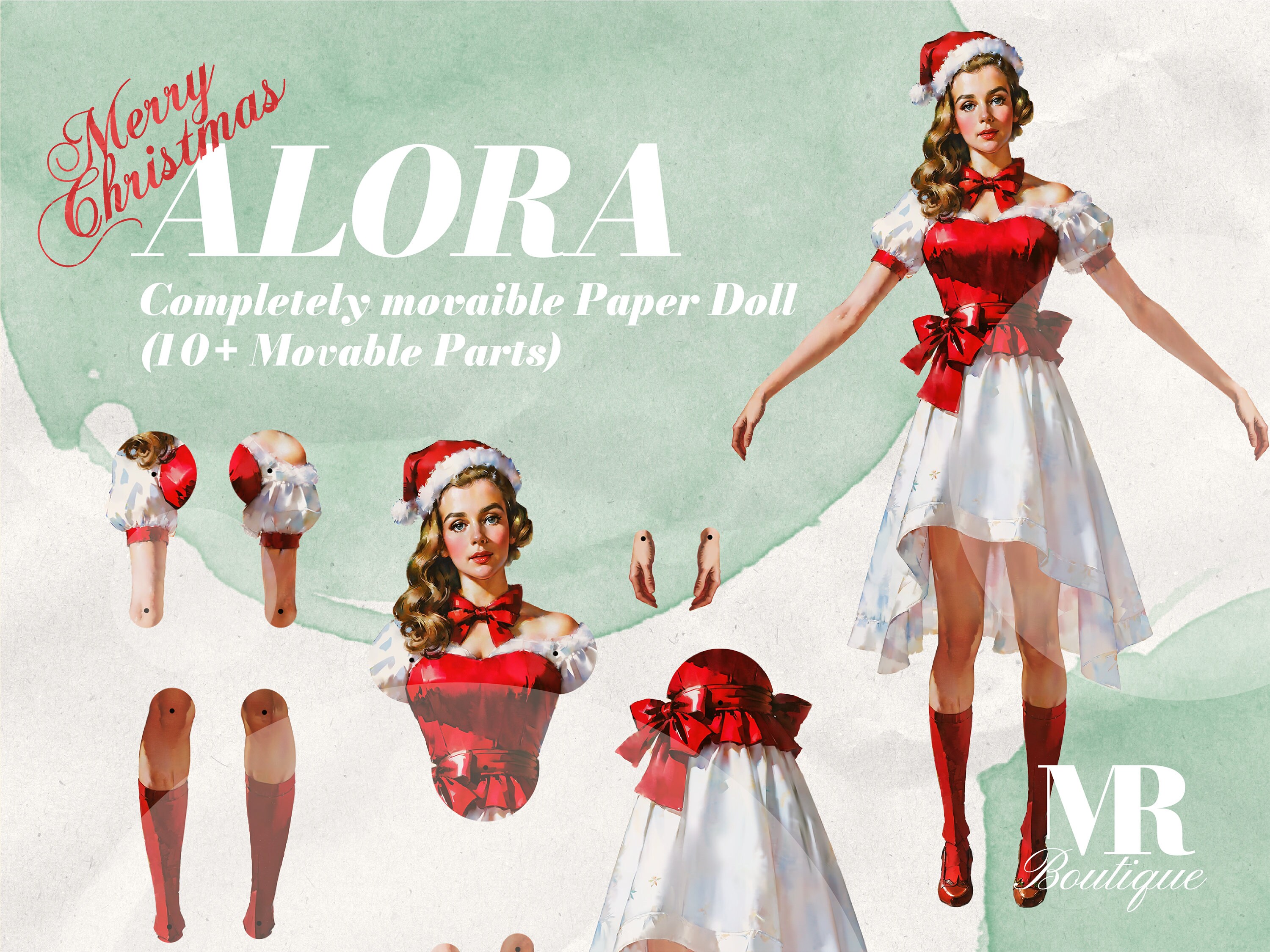 Movable Vintage Paper Doll ALORA DIY Printable Doll PDF Christmas Doll Paper Dolls Digital Retro ...