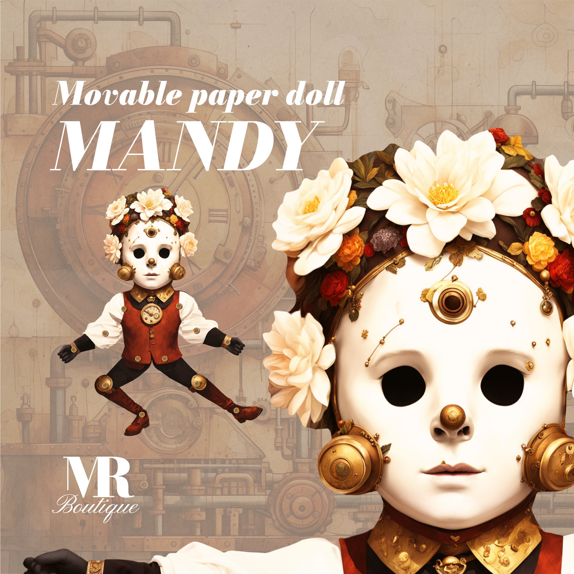 Steampunk Movable Paper Doll Mandy Articulated Vintage Toy With Floral Crown Collectible