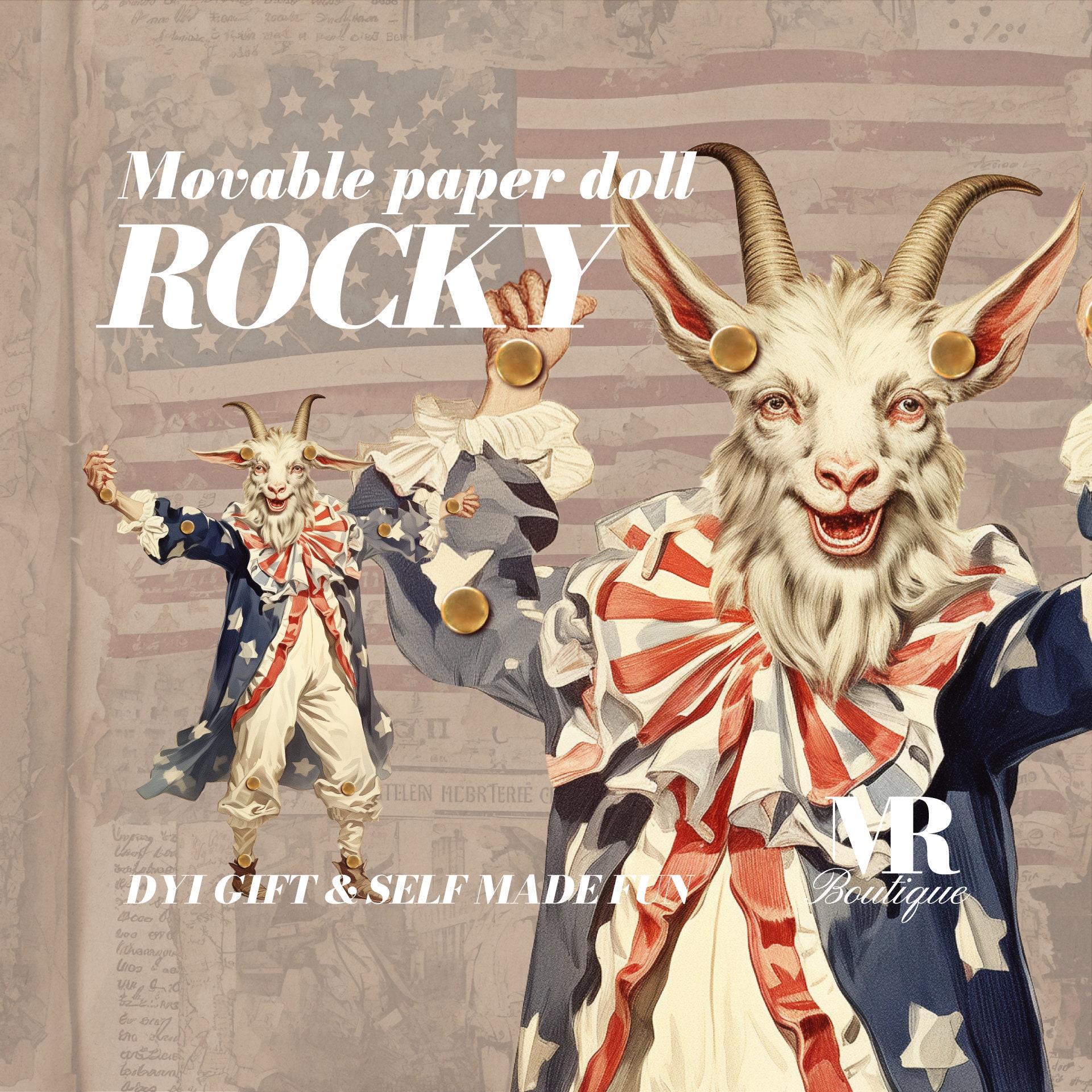 ROCKY Festive Goat Movable Paper Doll Patriotic Craft Movable Americana ...