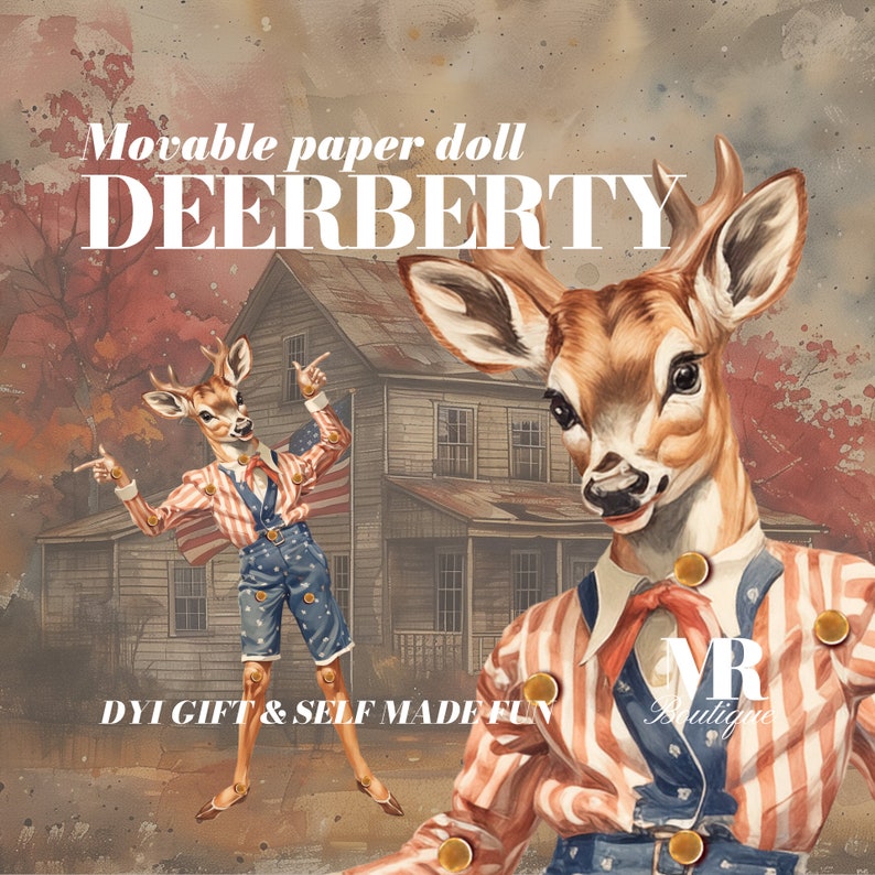 Patriotic Deer Paper Doll Movable DEERBERTY Toy, Vintage Style, DIY ...