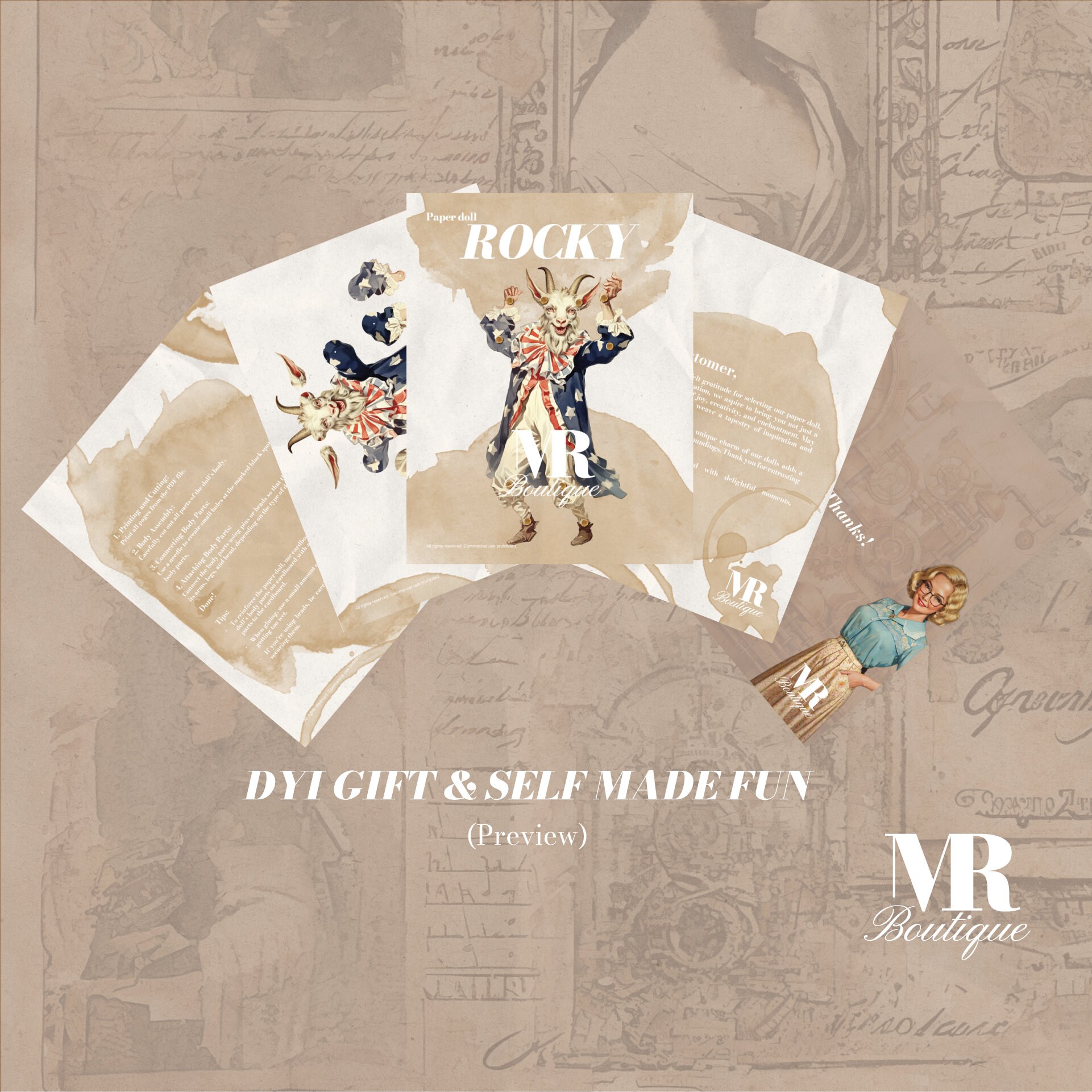 ROCKY Festive Goat Movable Paper Doll Patriotic Craft Movable Americana ...