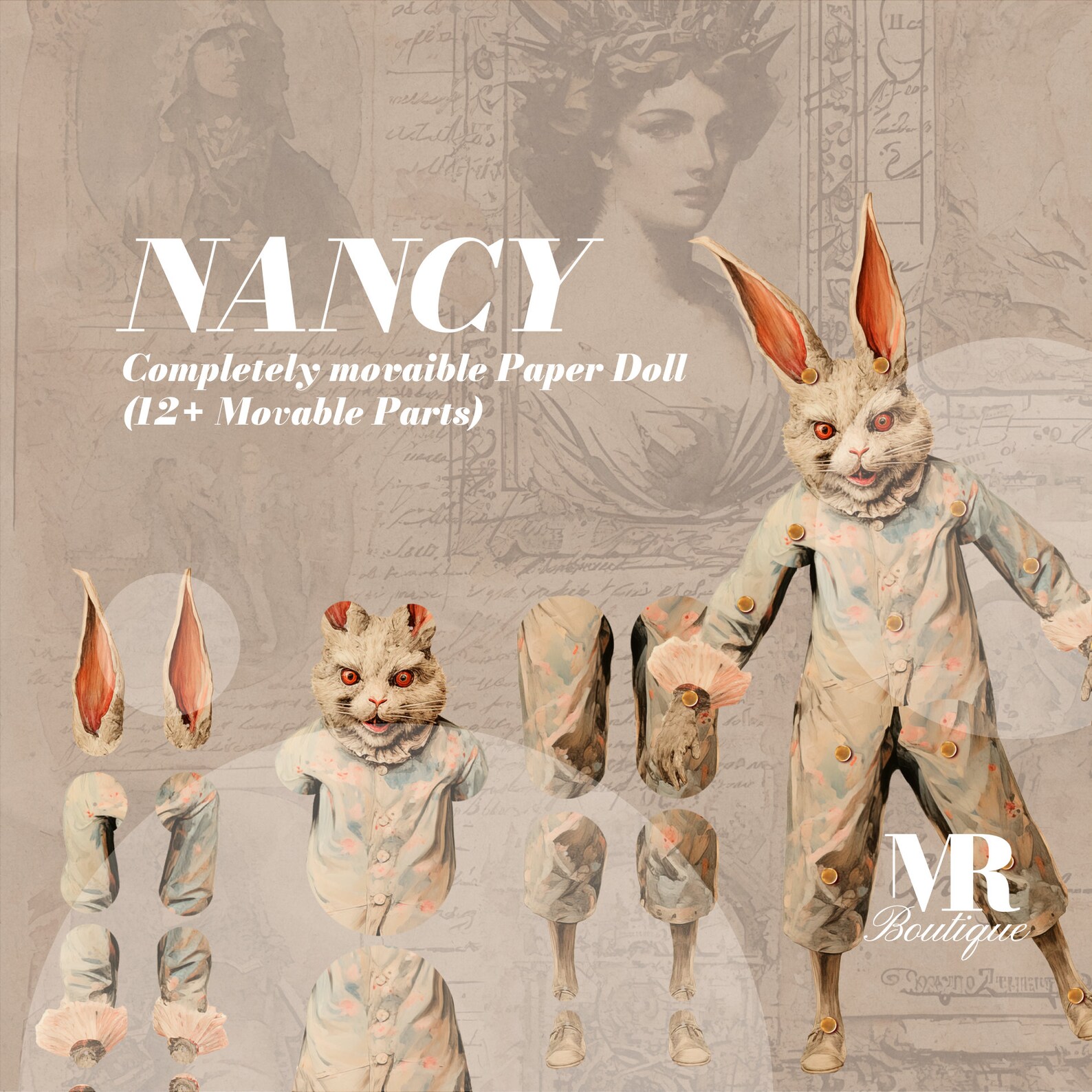 Nancy the Rabbit Movable Paper Doll Vintage-inspired DIY Craft Kit ...