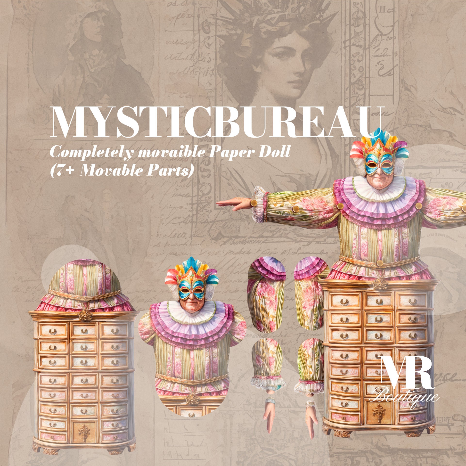 Mystic Bureau Movable Paper Doll, Antique Dresser Doll Craft DIY Party ...