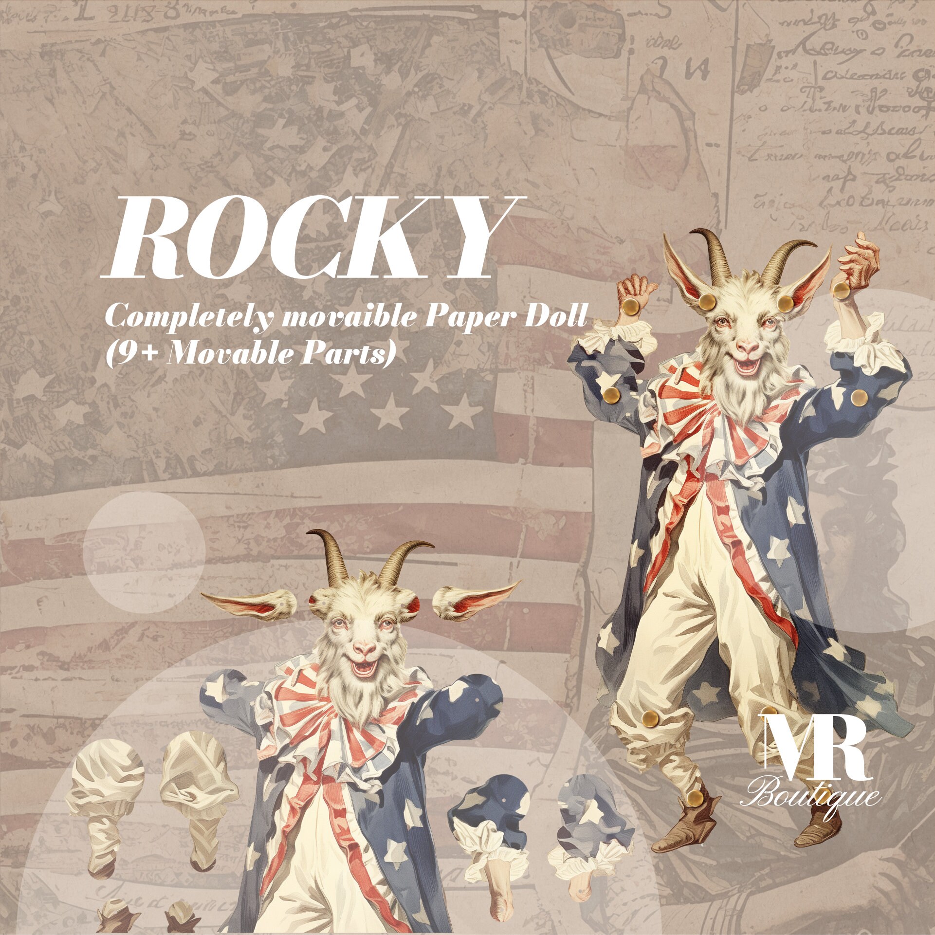 ROCKY Festive Goat Movable Paper Doll Patriotic Craft Movable Americana ...