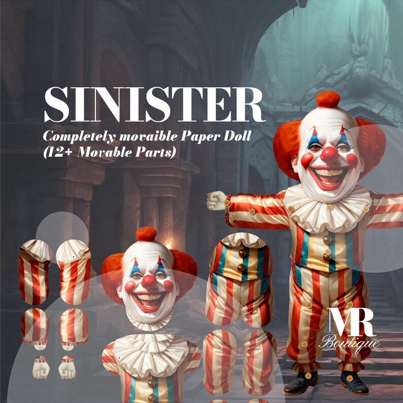 Sinister Creepy Clown Movable Paper Doll, DIY Halloween Decor, Spooky ...
