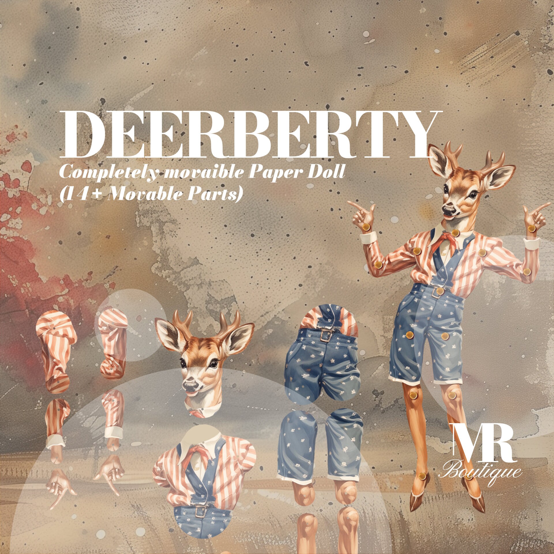 Patriotic Deer Paper Doll Movable DEERBERTY Toy, Vintage Style, DIY ...