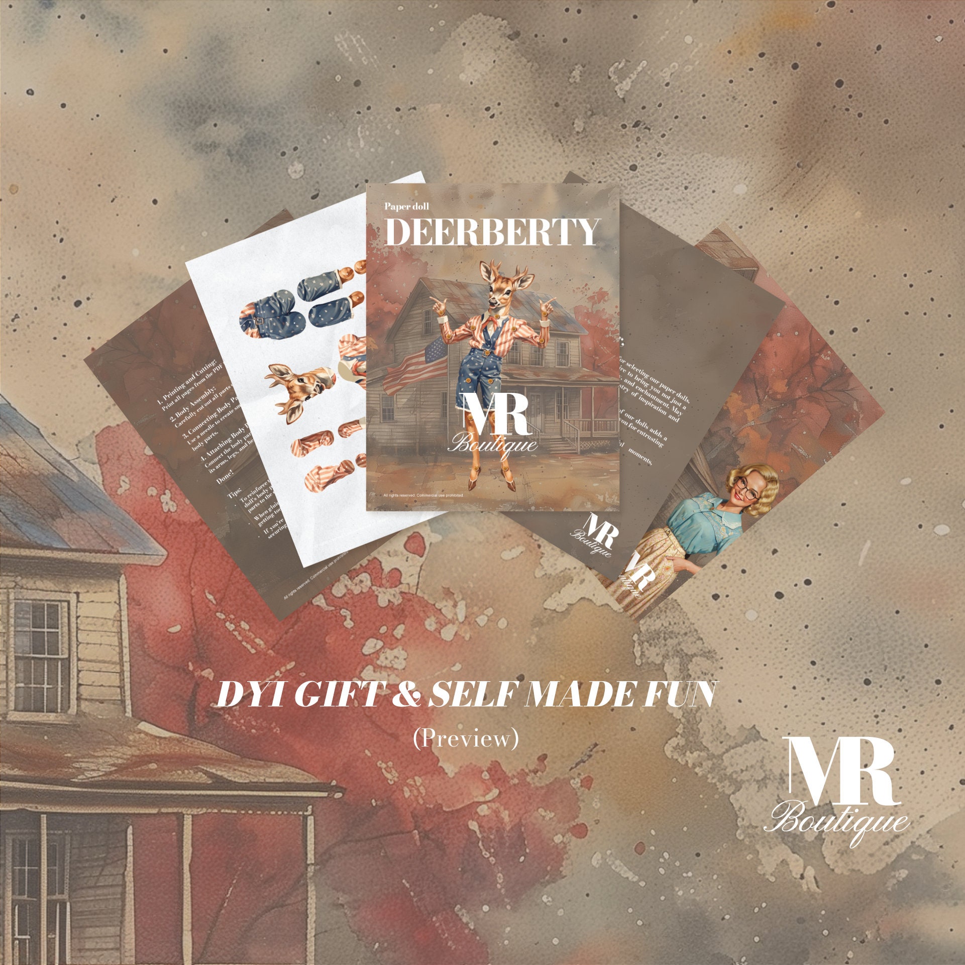 Patriotic Deer Paper Doll Movable DEERBERTY Toy, Vintage Style, DIY ...