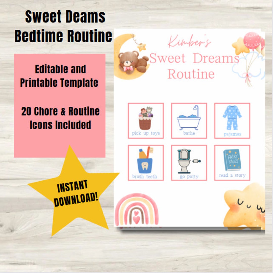 Editable Bedtime Routine Chart for Toddler Bed Time Routine Chart for ...