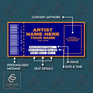 Personalised Orange & Blue Concert Ticket | Souvenir Ticket | Faux ...