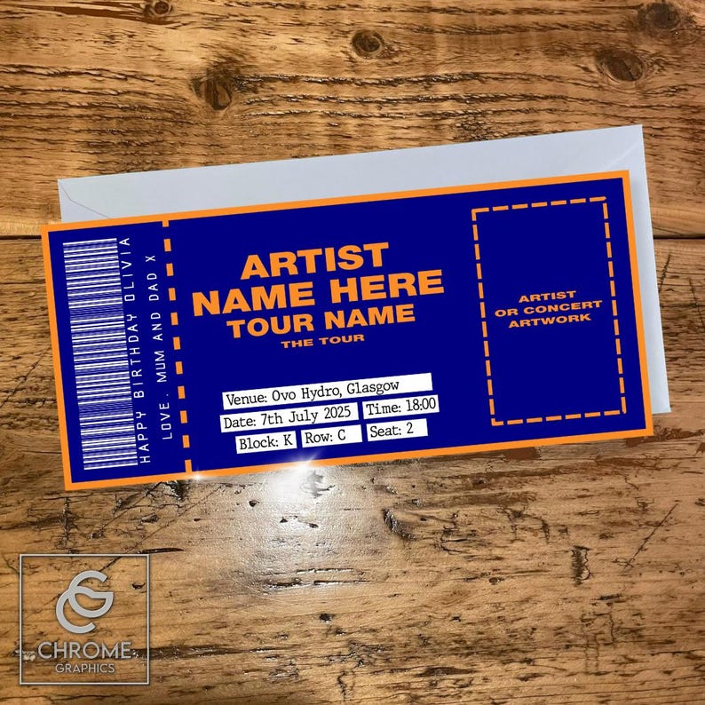 Personalised Orange & Blue Concert Ticket | Souvenir Ticket | Faux ...
