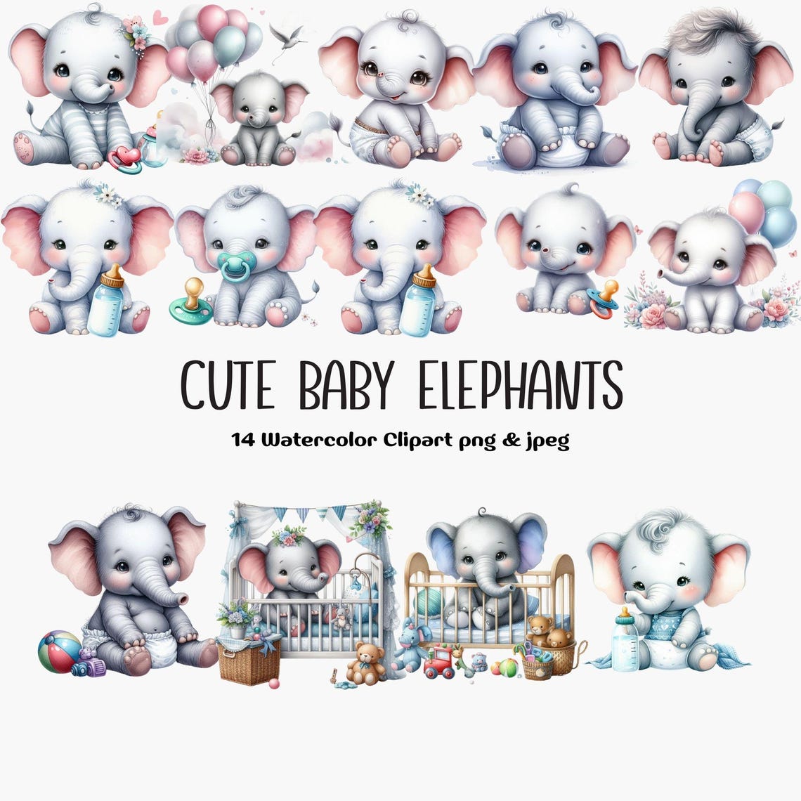 Cute Baby Elephant Bundle Clipart Png | Digital Download | Baby ...