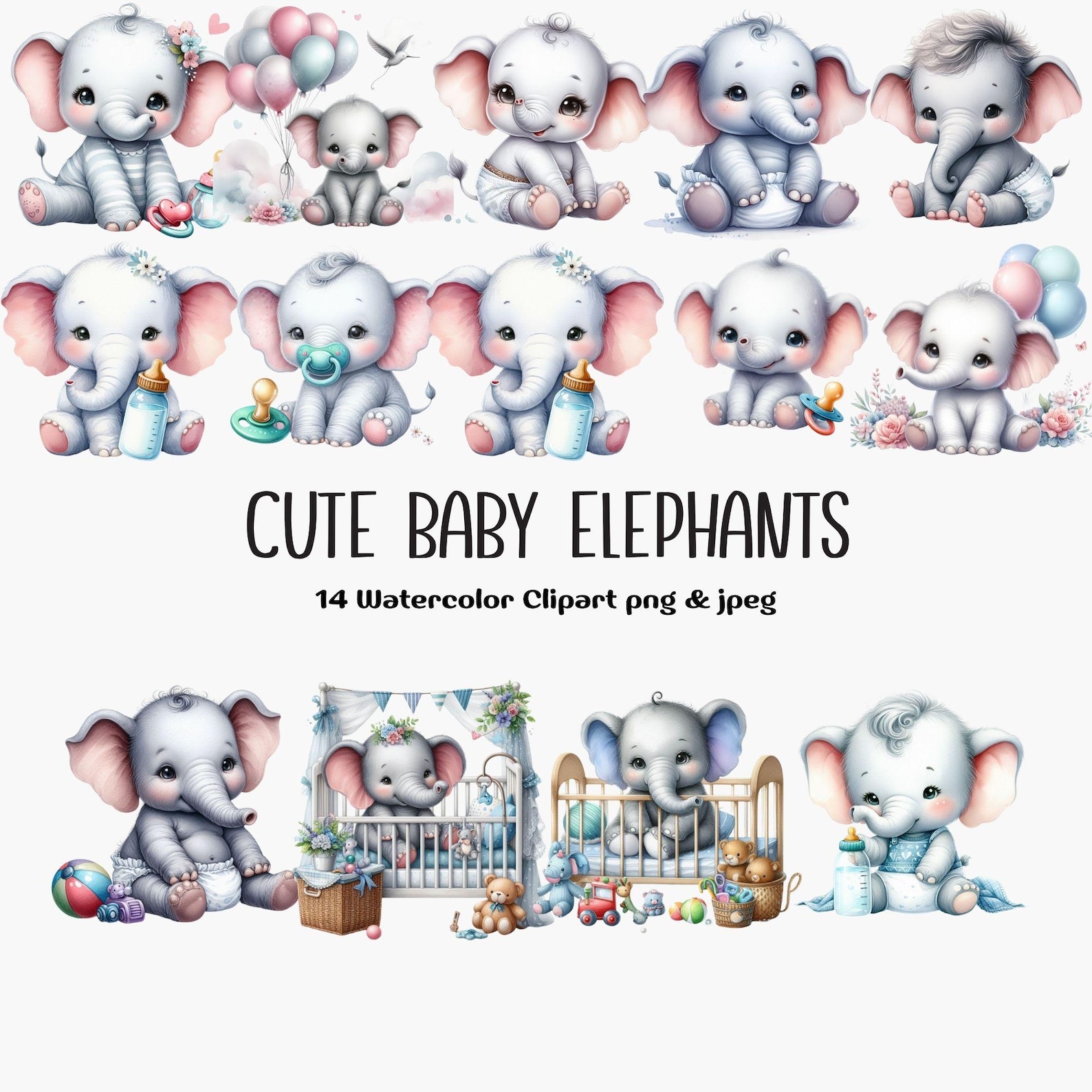 Cute Baby Elephant Bundle Clipart Png | Digital Download | Baby ...