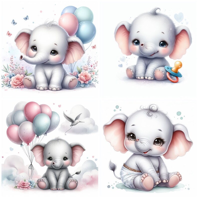 Cute Baby Elephant Bundle Clipart Png | Digital Download | Baby ...