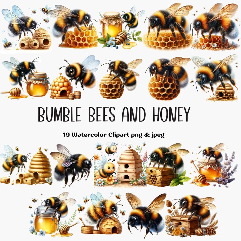 Bumble Bee & Honey Watercolour Clipart | Instant Download | Honey Bee ...