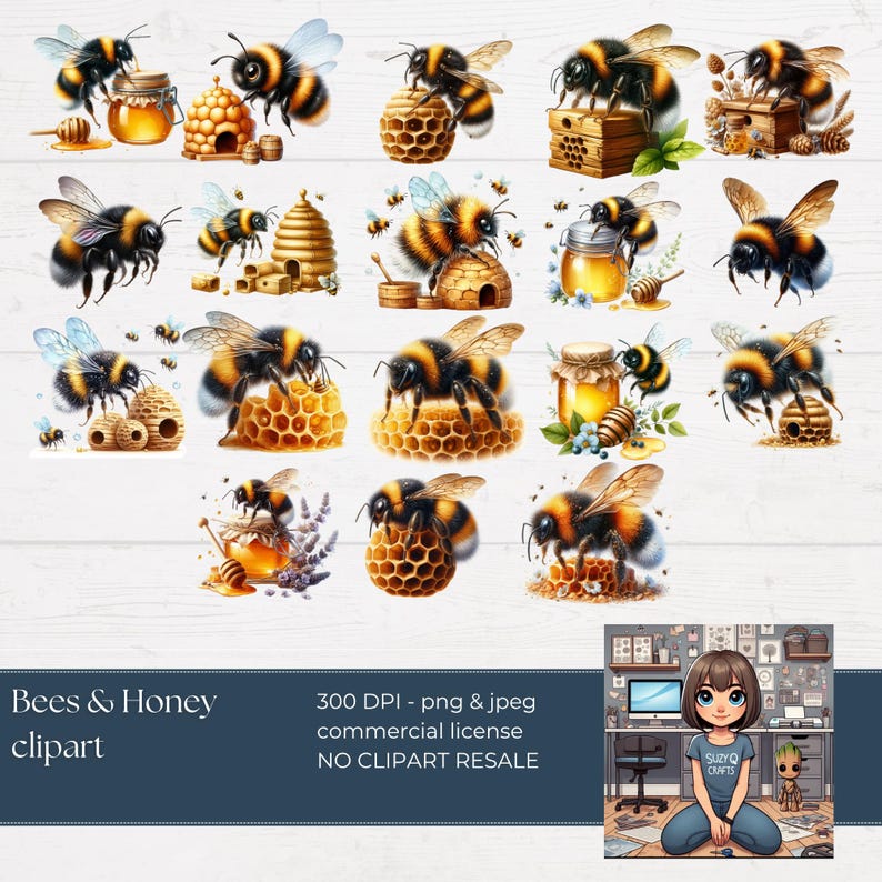 Bumble Bee & Honey Watercolour Clipart | Instant Download | Honey Bee ...