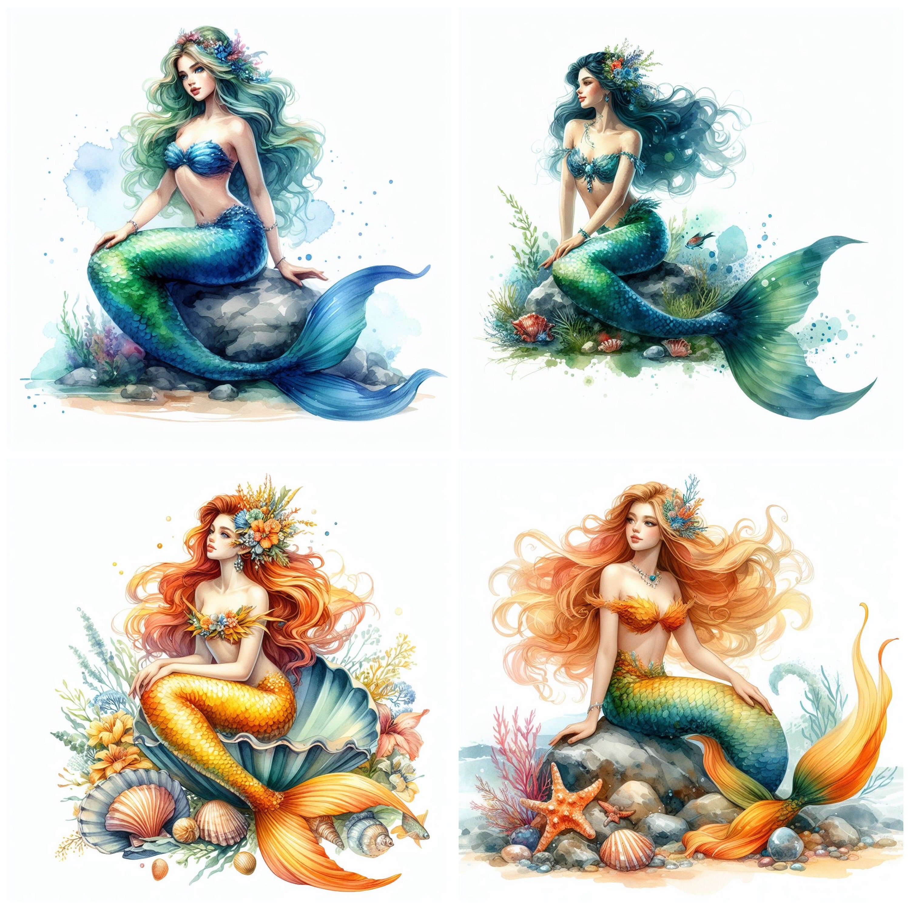 Beautiful Mermaid Watercolour Clipart Bundle Png Instant Download Mermaid Png Jpg Commercial Use ...