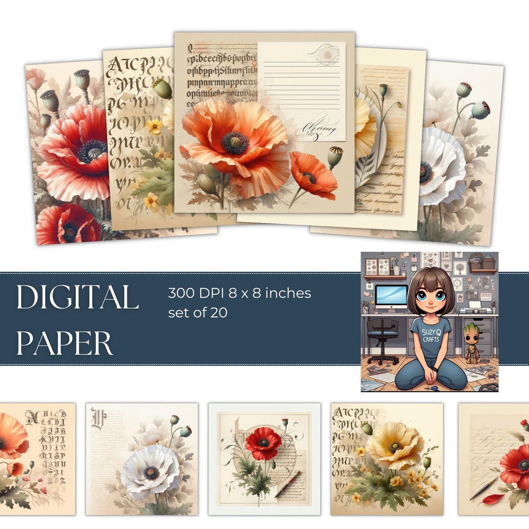 Poppy Printable Paper | Digital Paper Poppy Jpeg | Instant Download ...
