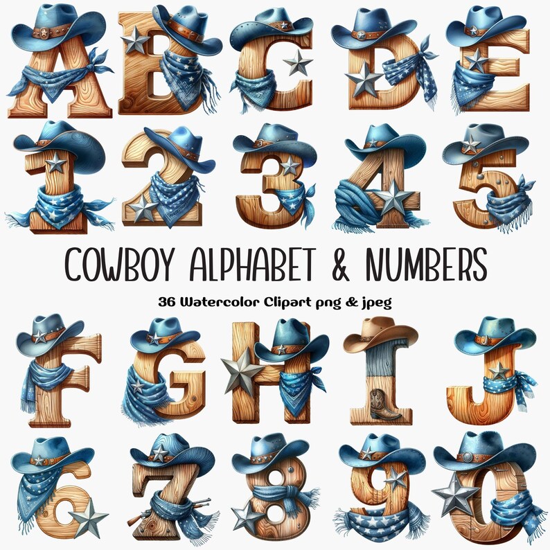 Cowboy Alphabet Clipart PNG | Western Numbers, Commercial Use (digital ...