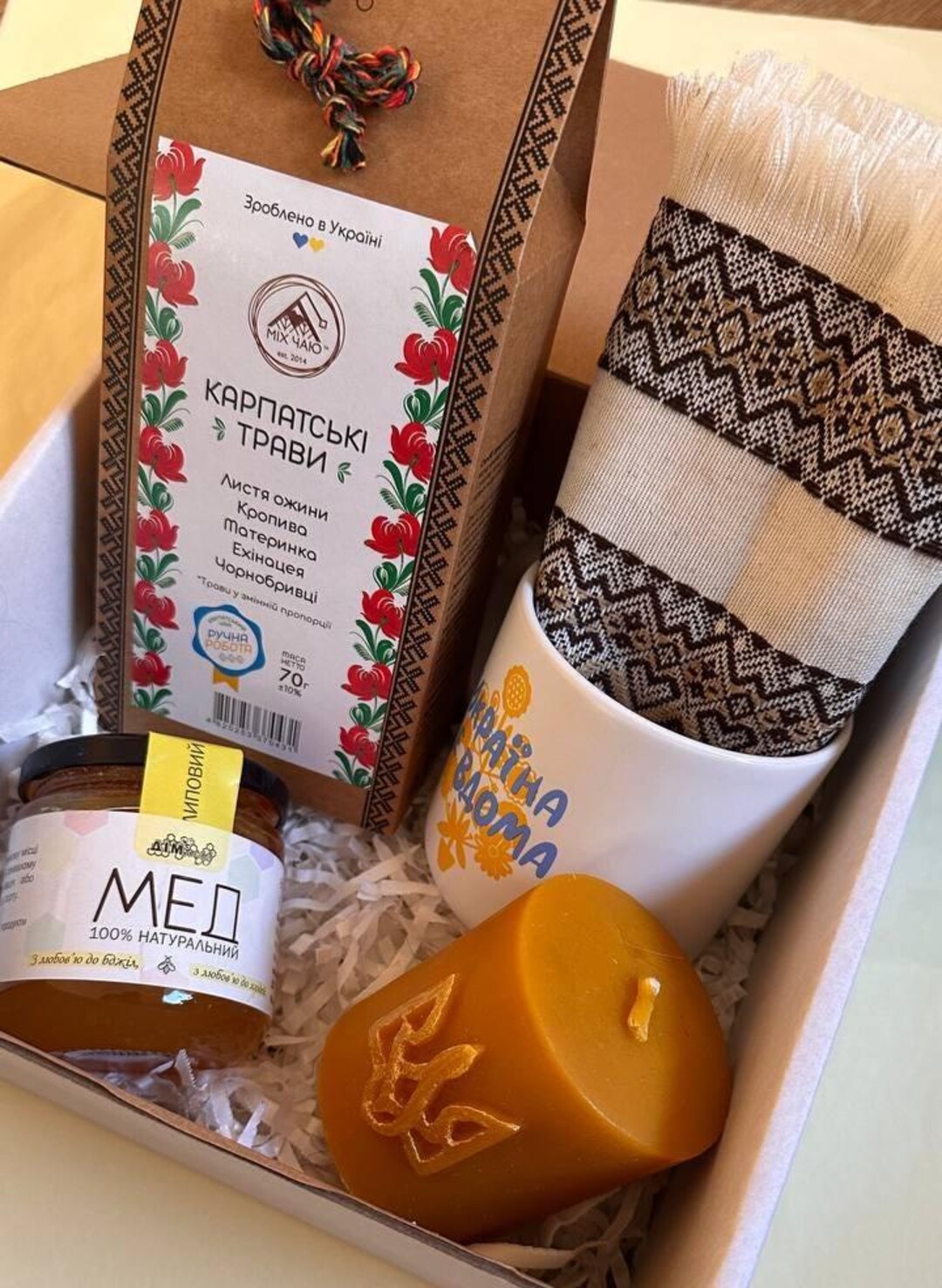 Ukrainian Gift Box With Carpathian Tea, Large Beeswax Candle With ...