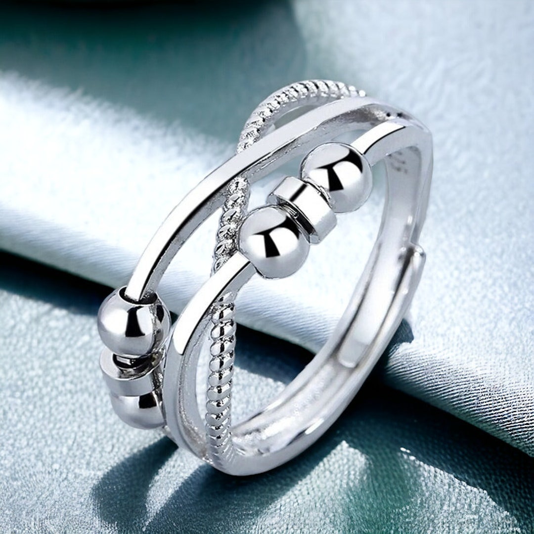 Silver Anxiety ADHD Fidget Ring, Spinner Ring, Adjustable Silver Rings ...