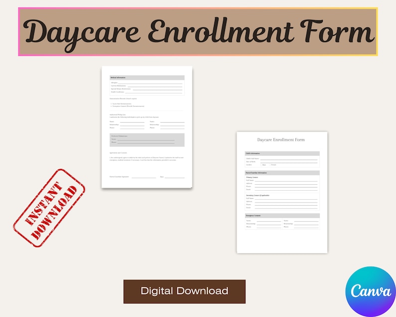 Editable Daycare Enrollment Form, Canva Template, Enrollment Form ...