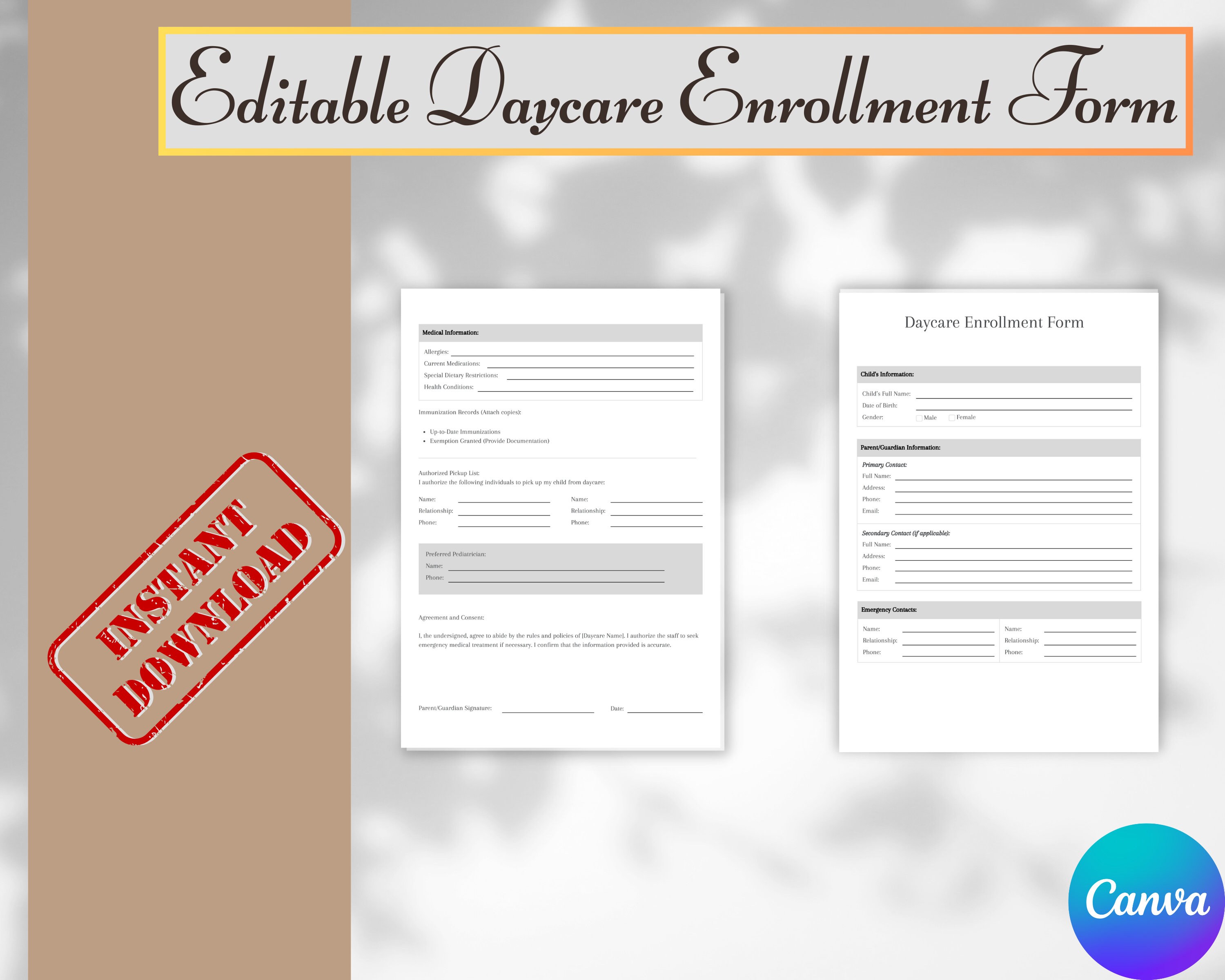 Editable Daycare Enrollment Form, Canva Template, Enrollment Form ...