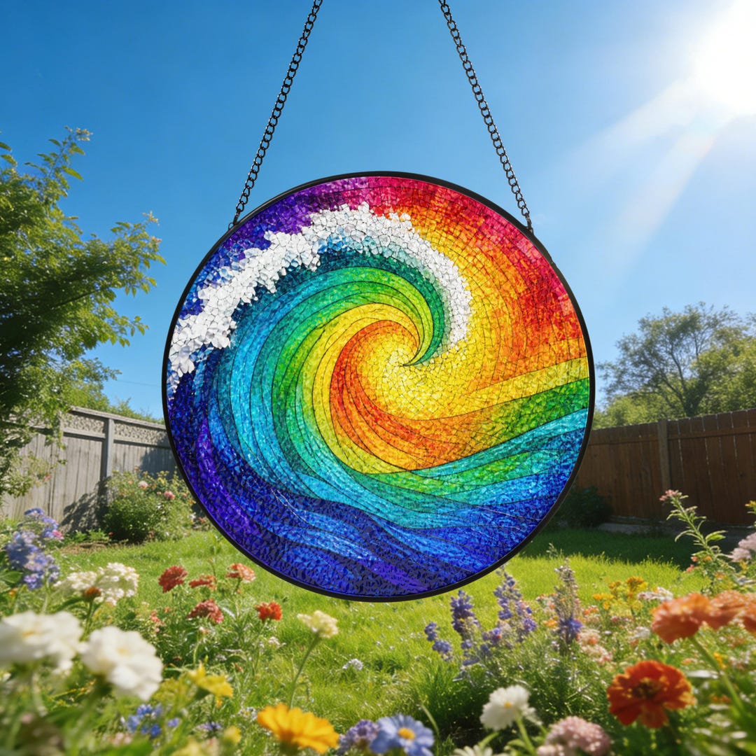 Abstract Rainbow Spiral Stained Glass Suncatcher Rainbow Window Hanging ...