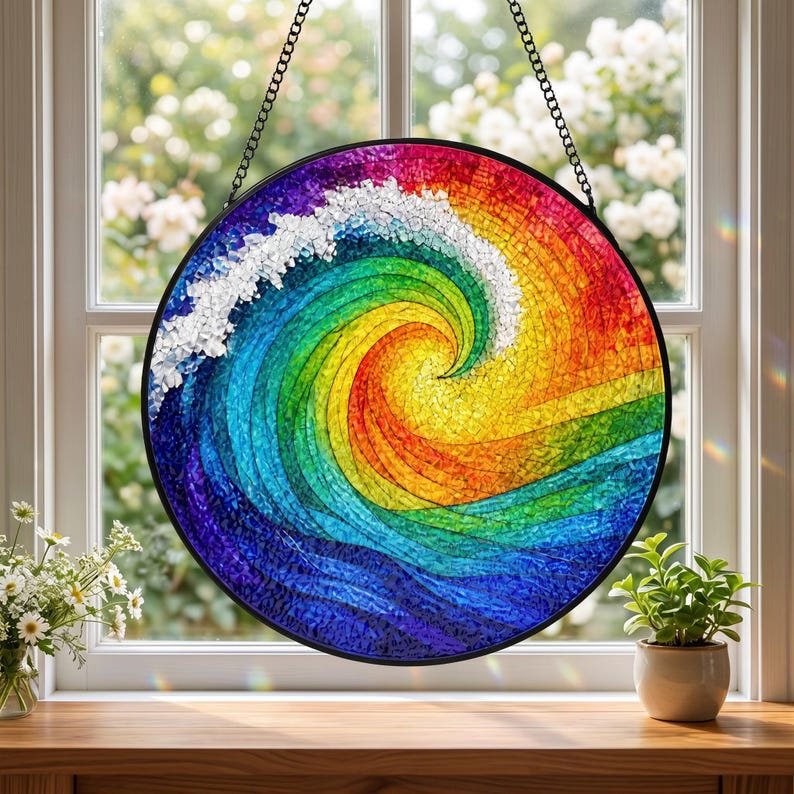 Abstract Rainbow Spiral Stained Glass Suncatcher Rainbow Window Hanging ...