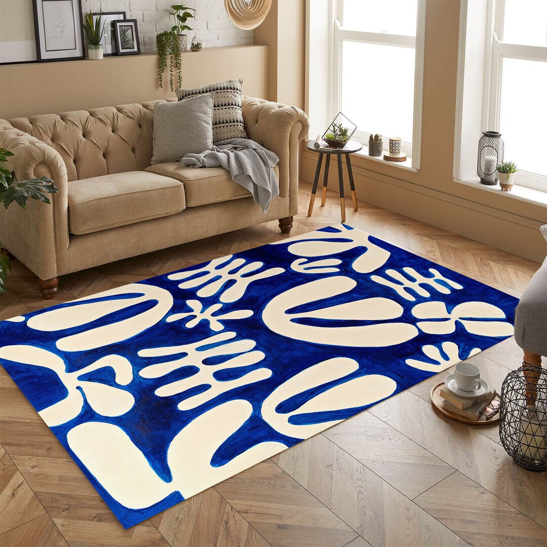 Blue and White Abstract Rug for Living Room, Modern Area Rug ...