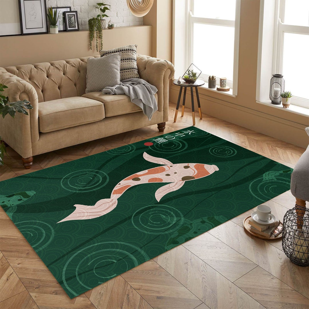 Green Koi Fish Japanese Area Rug, Home Decor Accent, Oriental Carp Rug ...
