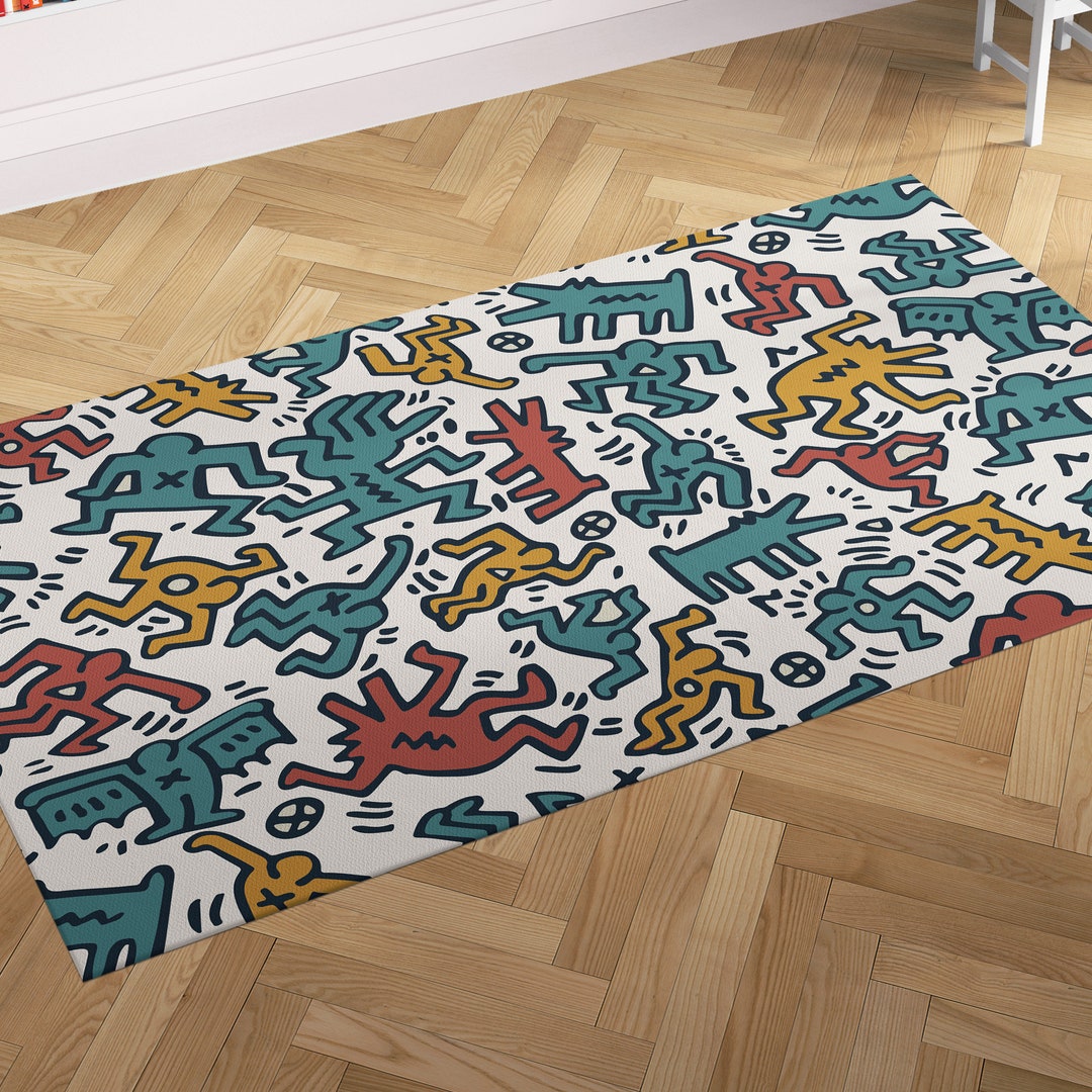 Colorful Haring Rug, Modern Pop Art Carpet, Unique Area Rug, Fun Home ...
