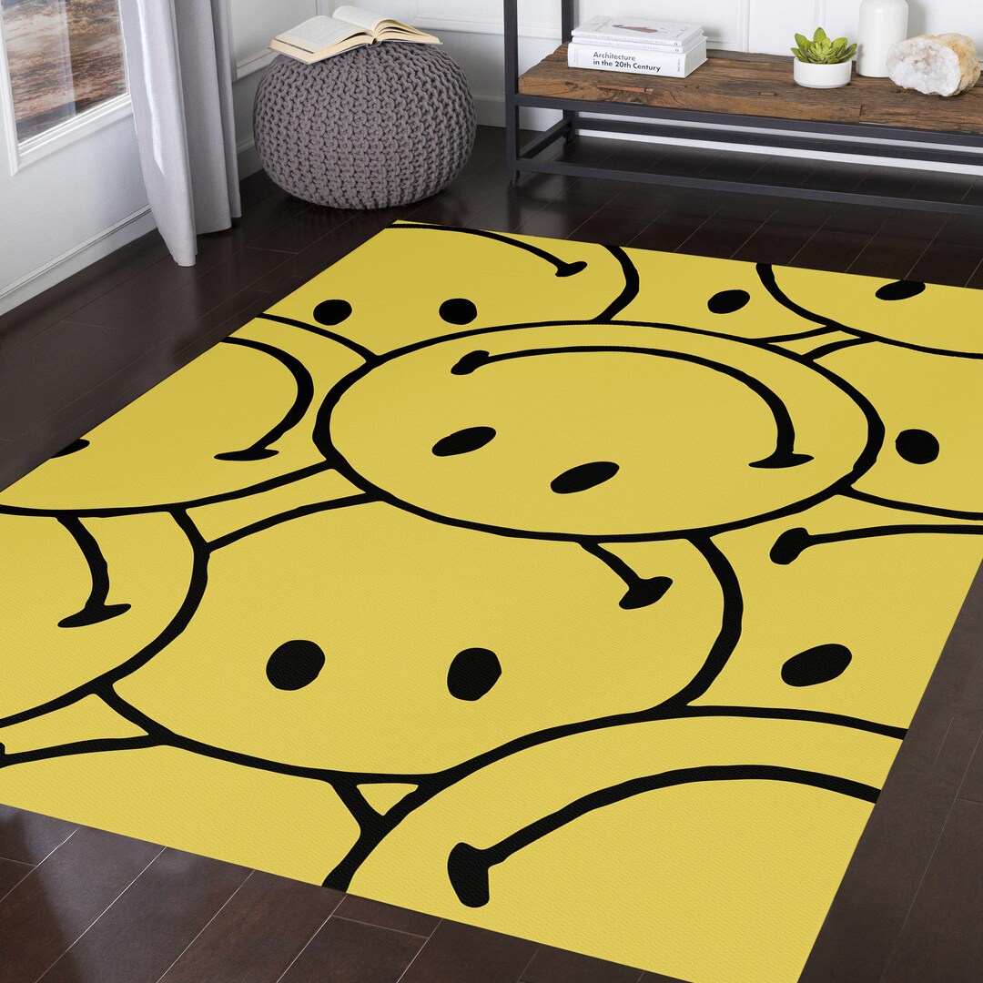 Happy Face Yellow Area Rug, Round Rug for Kids Room, Fun Nursery Rug ...