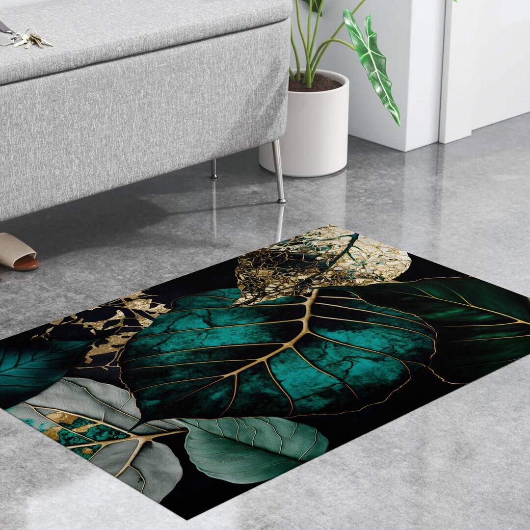Gold Green Leaves Painting Rug, Nature Inspired Rug, Forest Decor ...
