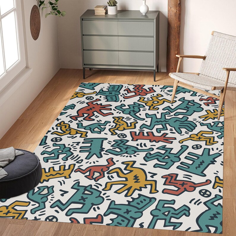 Colorful Haring Rug, Modern Pop Art Carpet, Unique Area Rug, Fun Home ...